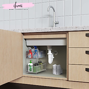 Kitchen Bathroom Under Sink Organizer and Storage | 2-Tier Steel Pull-Out Rack for Cabinet and Shelf | No Assembly Required | Durable | Premium Quality | Ikumi Home Essentials