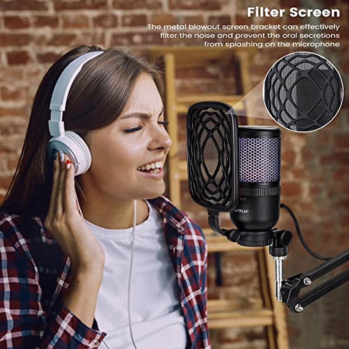 Asmuse Gaming PC USB Microphone, Podcast Condenser Mic with Boom Arm, Pop Filter,RGB Control, Mute Touch for Streaming,Online Chat, RGB Computer Mic for PS4/5 PC Gamer YouTube (Black+Boom Arm)