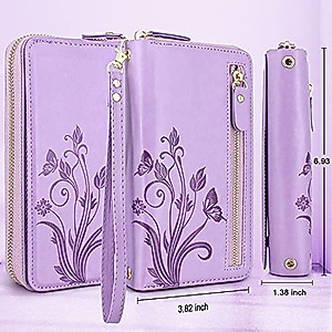 Lacass Compatible with Samsung Galaxy A13 5G /4G LET Crossbody Chain Dual Zipper Detachable Magnetic Leather Wallet Case Cover Wristlets Wrist Strap 13 Card Slots Money Pocket(Floral Purple)