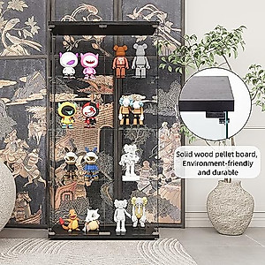 Display Cabinet with Glass Door and Lock, 4-Shelf Fast Installation in 30 Mins Curio Cabinets with 5mm Tempered Glass Floor Standing Bookshelf for Kitchen,Living Room(Black, 64" H x 32" L x 14" W)