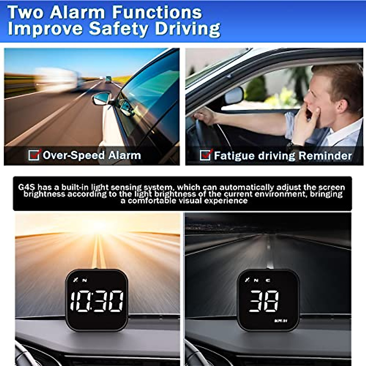 Fastsun G4S Digital GPS Speedometer, Car HUD Heads Up Display with Digital Speed in MPH KPH, Overspeed Alarm, Driver Fatigue Reminder, Multifunction Speedometer Universal for All Vehicle, Fuel Cars