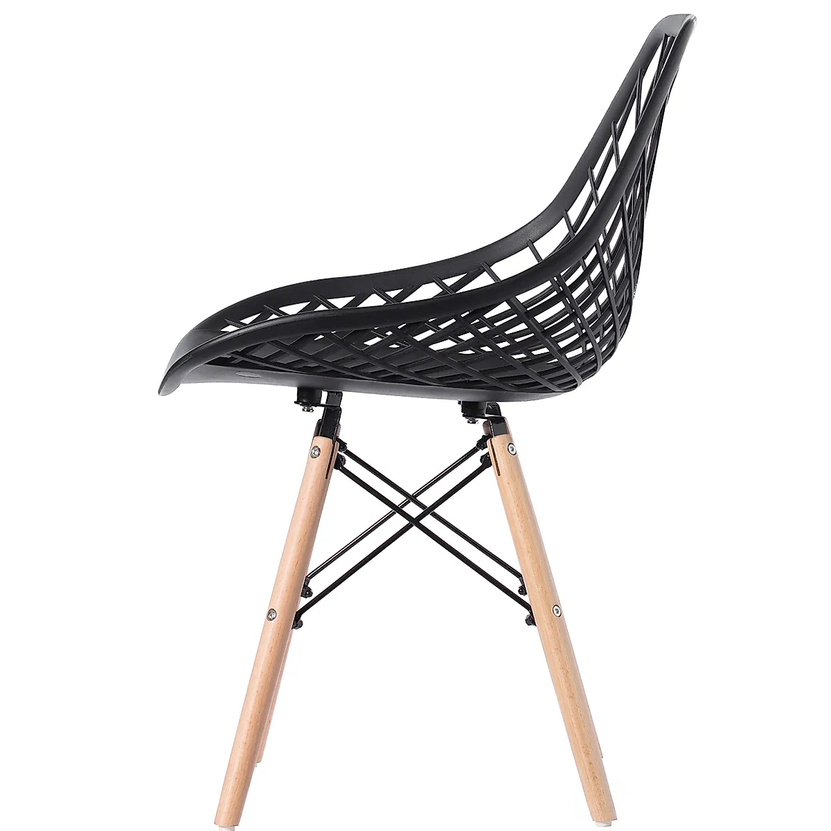 Fabulaxe Mid-Century Modern Style Plastic DSW Shell Dining Chair with Lattice Back and Wooden Dowel Eiffel Legs, Black