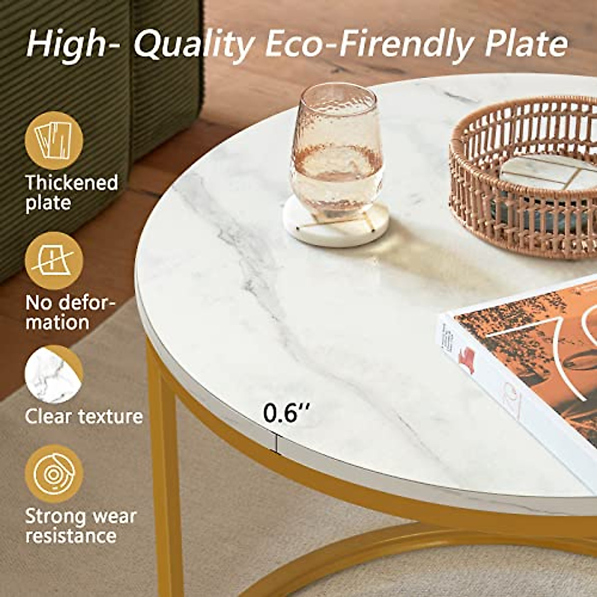 SMOOL Modern Nesting Coffee Table Set of 2 for Living Room Balcony Office, Round Wood Accent Side Coffee Tables with Sturdy Metal Frame, Easy Assembly(Marble)
