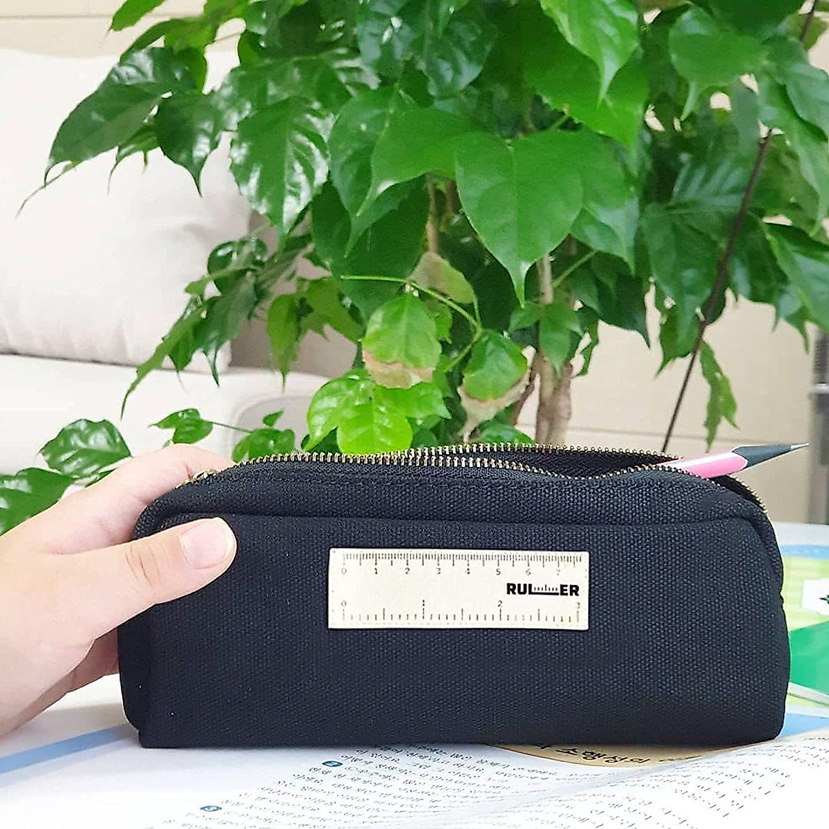 Trilly Canvas Pencil Case Pouch with Ruler I Larger Capacity Simple Pencil Pouch I School Small Pencil Bag For Boys & Girls I Holds Pencil, Pen, Personal Items & Desk Organizer Cute Pen Pouch Black