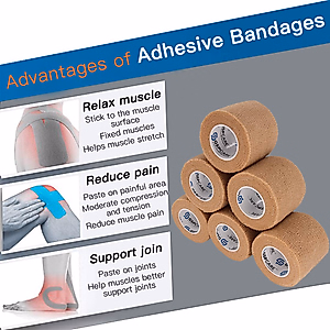 Self Adherent Cohesive Bandages Wrap 6 Count 2" x 5 Yards, Medical Tape, Adhesive Flexible Breathable First Aid Non Woven Rolls, Stretch Athletic, Ankle Sprains & Swelling, Sports