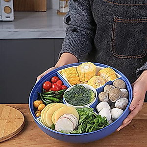 XKXKKE Divided Serving Dishes with Lid, Serving Tray with Lid, Round Divided Plates, Sectional Serving Tray Removable Party Snacks Tray for Candies, Nuts, Veggies, Fruits and Appetizer (Blue)