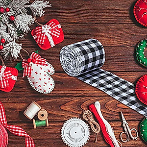 2 Rolls Wired Edge Ribbons Buffalo Plaid Burlap Ribbon Farmhouse DIY Gift Wrapping Crafts for Christmas Bow Wreath Tree Decoration (White Black Plaid, 2.5 Inch Wide, 472 Inch)