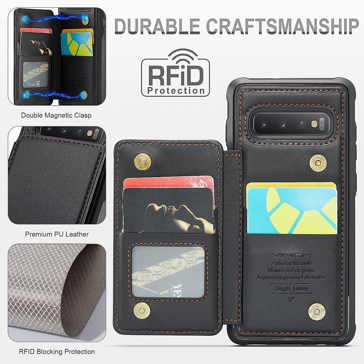 Vinich for Samsung Galaxy S10 Plus Case with Card Holder, for Samsung S10 Plus Wallet Case for Women Men with RFID Blocking, Durable Kickstand Shockproof Case for Galaxy S10 Plus 5G, Black