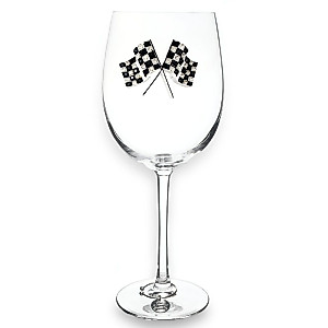 THE QUEENS' JEWELS Checkered Flag Jeweled Stemmed Wine Glass, 21 oz. - Unique Gift for Women, Birthday, Cute, Fun, Not Painted, Decorated, Bling, Bedazzled, Rhinestone