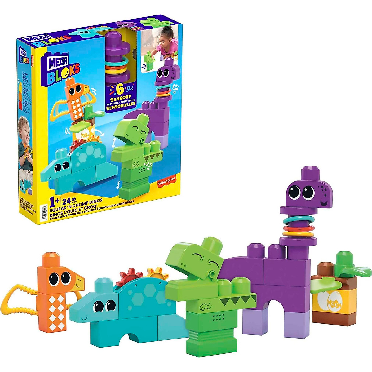 Mega BLOKS Fisher-Price Toddler Building Blocks Toy Set, Squeak ‘n Chomps Dinos with 24 Pieces, 4 Buildable Animals, Ages 1+ Years