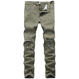 Men's Ripped Slim Tapered Leg Jeans Knee Holes Hip Hop Denim Pencil Pants Skinny Destroyed Stretch Jean Trousers (ArmyGreen,35)