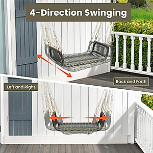 HAPPYGRILL Wicker Porch Swing, Curved Rattan Swing Seat with Cozy Armrests, Patio Wicker Tree Swing with 2 Hanging Hemp Ropes, Outdoor Swing Chair for Front Porch Backyard