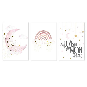 Bfgsrtcbox Pink Star Wall Art Moon Rainbow Pictures and Stars Canvas Decor Cloud Nursery Picture Girl Baby Room Painting 12x16inchx3pcs No Frame