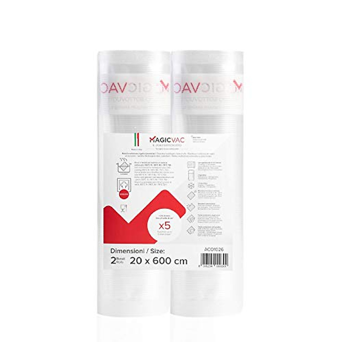 MagicVac Vacuum Sealer Rolls 2 Roll Pack 8"x20' Length Thicker Heavy Duty Material for Sous Vide, Meal Prep, Microwave and Freezer works with FoodSaver, Seal-a-Meal and more BPA Free Made in Italy