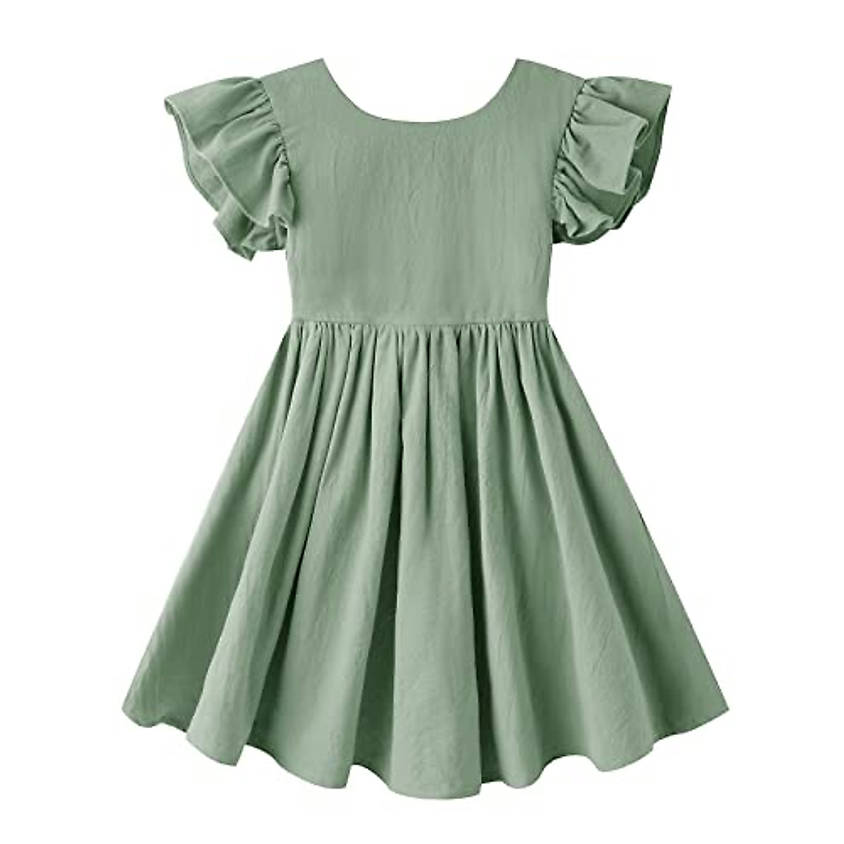 LYXIOF Toddler Baby Girl Cotton Linen Summer Dress Ruffle Sleeve Back Bowknot Kids Beach Dresses Green 90CM