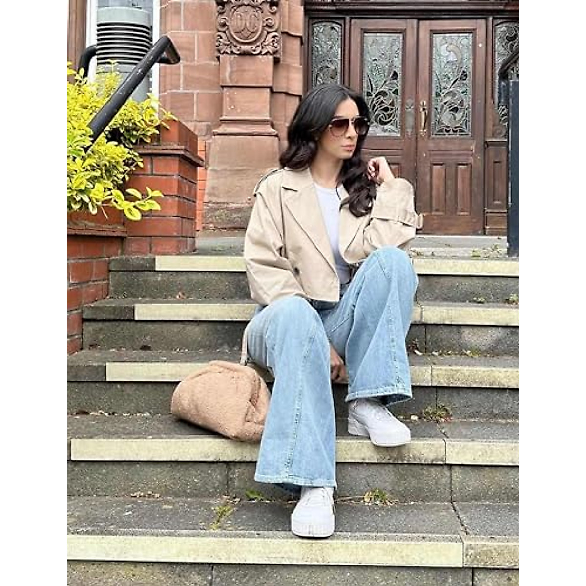 Bianstore Women's Cropped Trench Coat Fashion Long Sleeve Belted Jacket Outerwear(Khaki-XL)