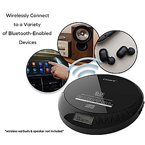 Coby Bluetooth Portable CD Player w/Headphones, FM, AUX, MP3 Anti-Skip Compact Discman | Rechargeable & Lightweight CD Player 6-HR Play for Car, Home