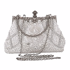 AIJUN Women's Vintage Beaded Evening Bag Sequin Clutch Purses for Women Wedding Clutches Prom Cocktail Party Handbags(Silver)