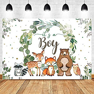Mocsicka Woodland Baby Shower Backdrop It's a Boy Greenery Wreath Fox Bear Photo Backdrops Safari Jungle Animals Boy's Baby Shower Photography Background (7x5ft)