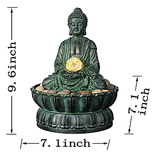 Haobos Indoor Tabletop Fountain Exquisite Sitting Buddha Fountains Meditation Desk Water Fountain Decorative Zen Fountain w/Glass Rolling Ball/LED/Stone Office and Home Decor 9.4" (21127A)