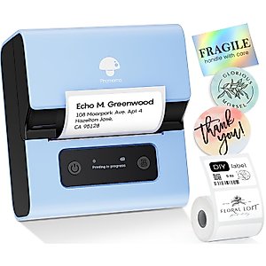 Phomemo M221 Label Printer, Newest Upgraded 3'' Bluetooth Thermal Label Maker, Easier & More Stable,for Product, Address, Barcode, Small Business, Home Portable DIY on Phone/PC,+100 Labels, Sky Blue