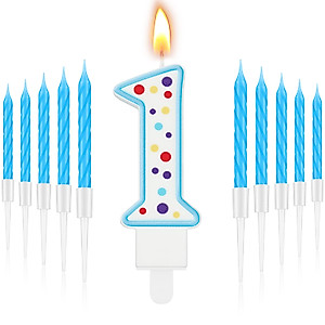 MTLEE Blue Number Candle with 10 Long Thin Cupcake Candle Happy Birthday Candles Boy Girl Number Candles for Birthday Cakes Number Birthday Cake Topper for Sweet Dots Party(Number 1)