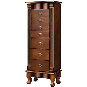 HOMGX Cabinet Chest, Makeup Mirror and Top Divided Storage Organizer, Large Standing Jewelry Armoire with 7 Drawers, 2 Swing Doors, 12 Necklace Hooks