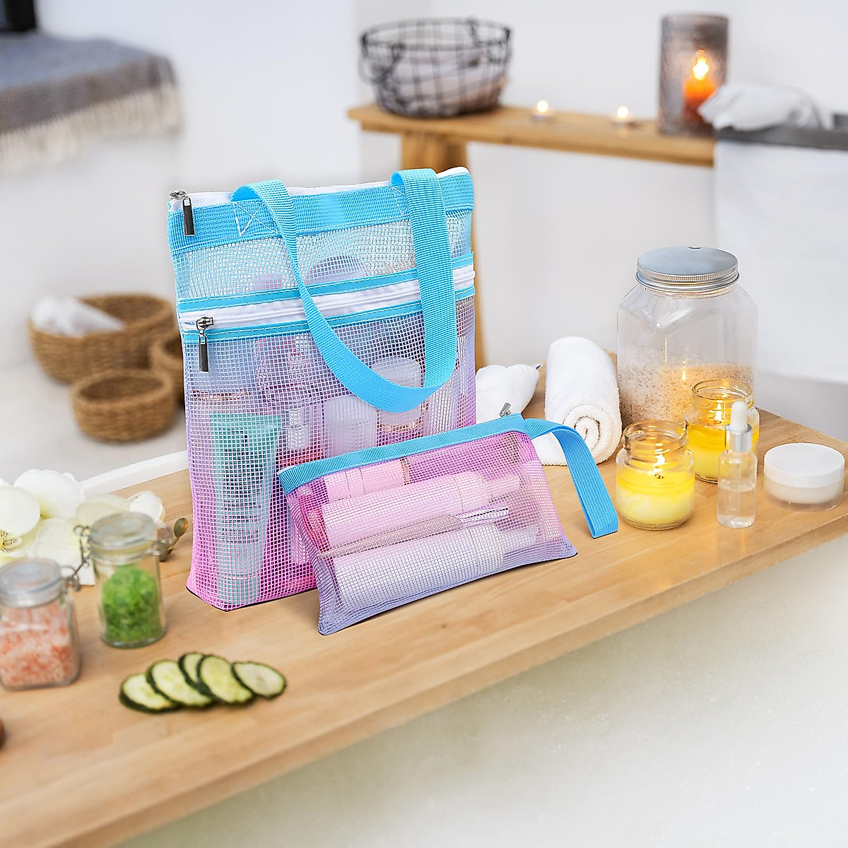 Nidoul Mesh Shower Caddy, Portable Shower Caddy Bag with Zipper, Shower Tote Dorm Caddy Hanging for Dorm, Gym, Travel, Camp, Beach, Toiletry (Pink Blue)