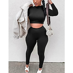Mizoci Women's Workout 2 Piece Outfits Crop Top High Waisted Legging Pants Set Long Sleeve Track Suits Jumpsuit,Medium,Black