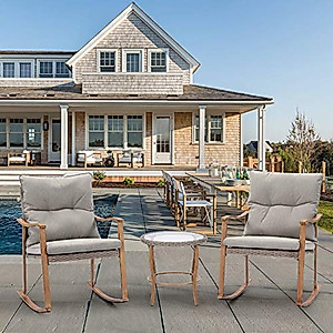 HOMPUS 3-Piece Outdoor Rocking Chairs Bistro Set Wicker Patio Furniture Set Wood Arm Rest Patio Rockes Set w Warm Gray Cushions, Front Porch Rocking Chairs with Glass Coffee Table for Balcony,Garden