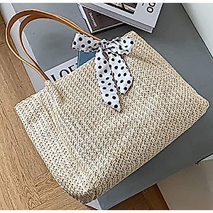 Obosoyo Straw Bags for Women Beach Bags Bowknot Shoulder Bags Straw Purse Summer Woven Bags (Beige White)