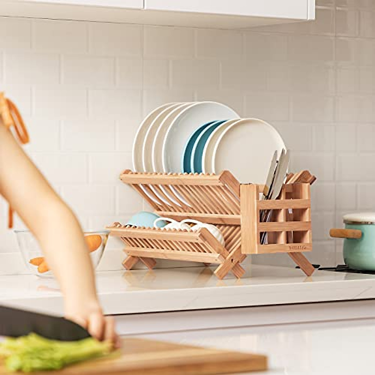 HBlife Bamboo Folding 2-Tier Collapsible Drainer Dish Drying Rack with Utensils Flatware Holder and Dish Plate Bowl Cup Book Pot Lid Cutting Board Drying Rack Stand