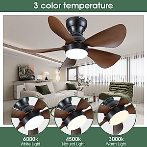 Kviflon Ceiling Fans with Lights and Remote/APP Control, 30 inch Low Profile Ceiling Fans with 5 Reversible Blades 3 Colors Dimmable 6 Speeds Ceiling Fan for Bedroom Dining Room, Wood Color