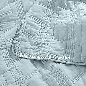 100% Cotton Quilt Set Queen Size, Baby Blue Pre-Washed 3-Piece Bedspread Coverlet Set, Cozy Lightweight Stitching Decorative Bedding Cover with 2 Shams in Geometric Pattern Rustic Style for All Season
