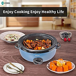 ICOOK USC-35-OP001BL 3.5 Quart Slow Cooker ,Aluminium Sear/Sauté Stew Pot Stovetop safe,Dishwasher Safe,Glass Lid,Adjustable Temp,Food Warmer,Blue