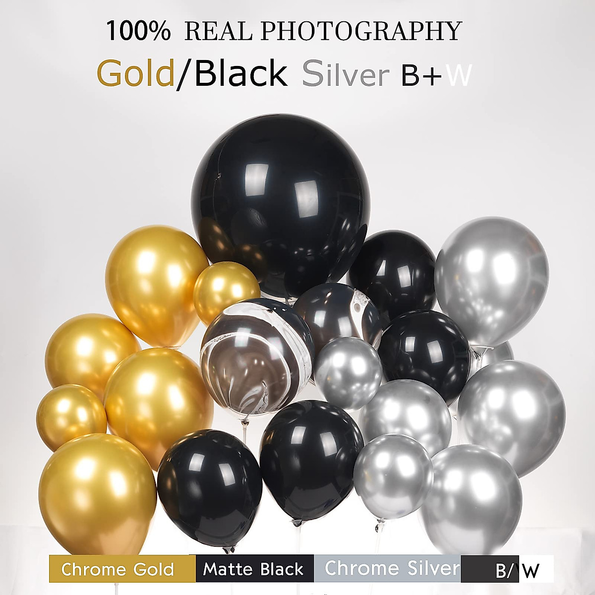 Black and Gold Silver Balloon garland arch kit 135Pcs With Starburst 4D agate balloons for Birthday 2025 new year eve graduation retirement Party Decorations