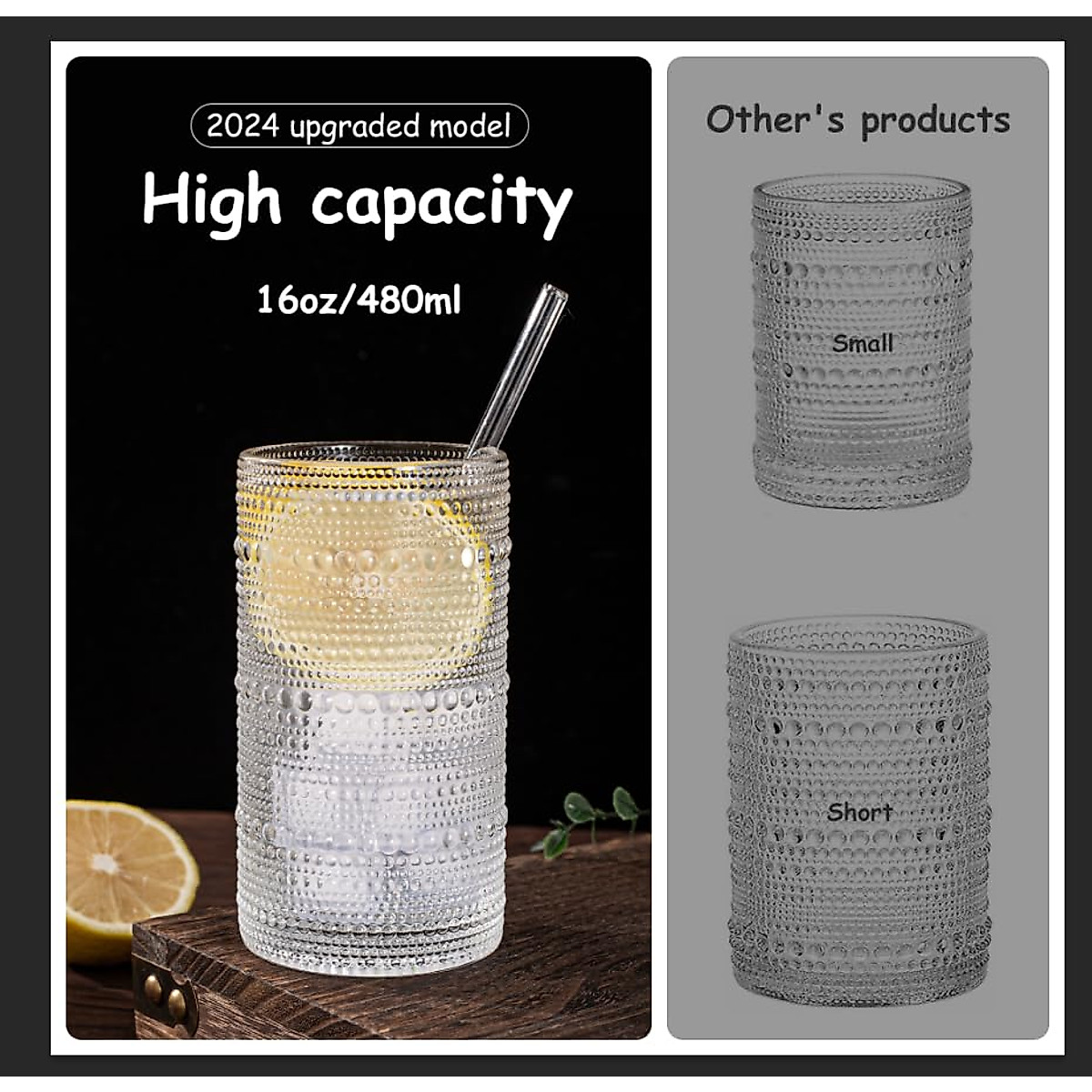Dingerjar 2024 Upgraded Large Capacity 16 oz/480 ml Hobnail Glasses Drinking Set of 12 - Heavy Vintage Glassware