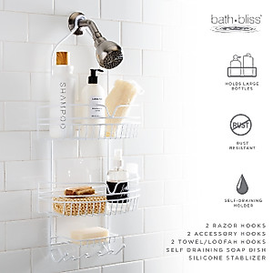 Bath Bliss Head Shower Caddy, 2 Large Baskets, Soap Dish Holder, 6 Accessory Hooks, Moisture & Rust Resistant, White