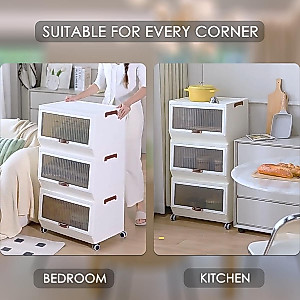 2 Tier Stackable Storage Bins with Doors, 29Qt *2 Plastic Foldable Storage Containers with Wheels, Collapsible Storage Bins Closet Organizers, Home,Office, Dorm(16.5 * 12.6 * 9.8in 2 Pack)