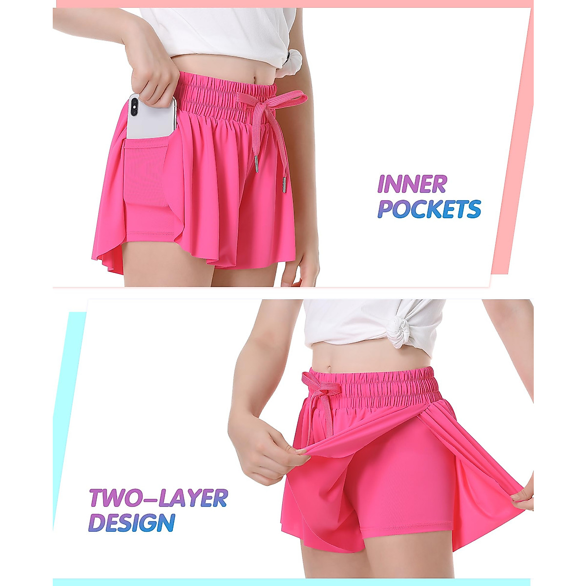 QooNoo Girls Butterfly Shorts with Pocket Flowy Athletic Shorts High Waist Preppy Running Shorts for Kids Teen (Hot Pink,Small)