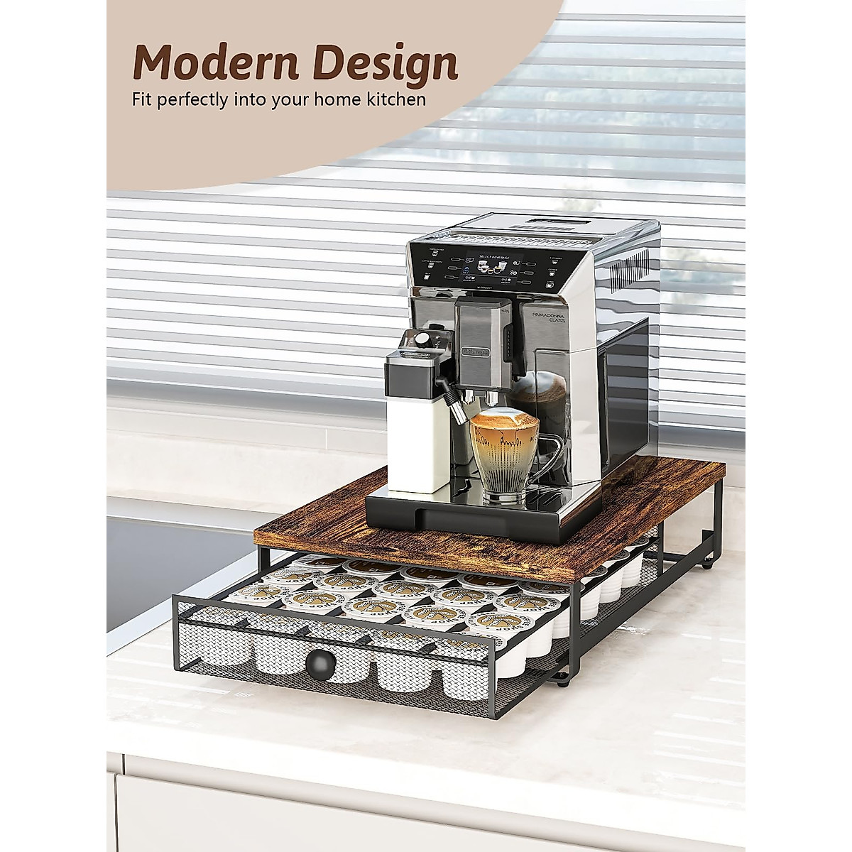 K Cup Organizer, Coffee Pod Holder Drawer, Under Brewer Storage Organizer with Sliding Drawer holds up to 35 K-Cup Pods, No Assembly Needed, Rustic Brown