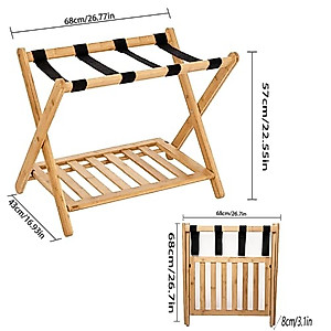 Folding Luggage Rack for Guest Room Foldable luggage Racks for Suitcase Stand with Nylon Straps,Luggage Stand Double Tiers Bamboo Luggage Holder with Shelf for Bedroom,Hotel,No Assembly Required