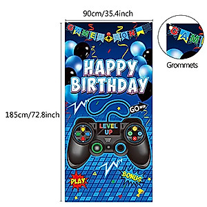 Video Game Happy Birthday Party Supplies Video Gaming Door Banner - Blue Gamer Room Door Backdrops Decor for Boy - Game Controller Themed Birthday Door Cover Decoration