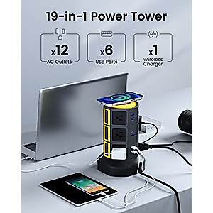 Power Strip Tower, SUPERDANNY Surge Protector Tower with 15W Magnetic Wireless Charger, 1050J, 13A Charging Station with 12 AC Outlets & 6 USB Ports, 6.5ft Extension Cord for Home Office, Gold