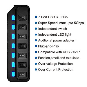 USB HUB - USB 3.0 Ports with Individual Power Switch, Data Splitter & Power Hub (7 Ports)