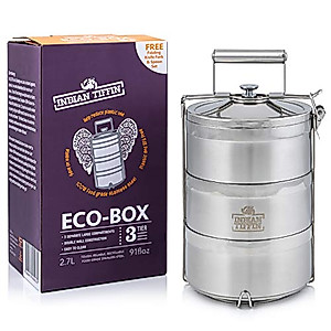 Indian-Tiffin 3 Tier Stainless Steel Eco-Box with 3 Piece Cutlery Set