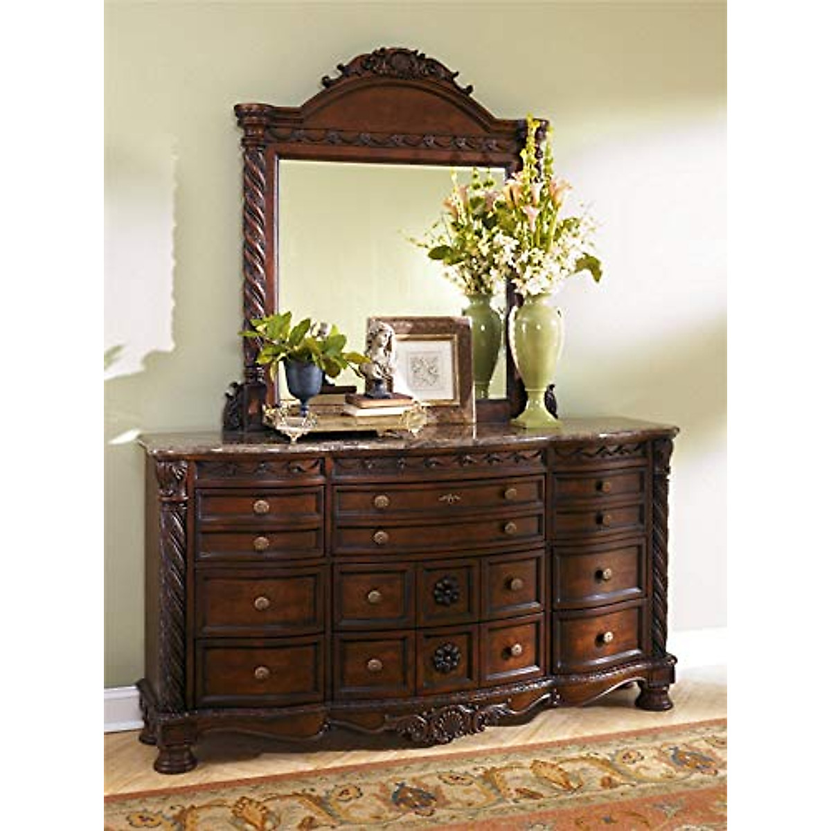 Signature Design by Ashley North Shore Ornate 9 Drawer Dresser with Marble Inlay Top, Dark Brown