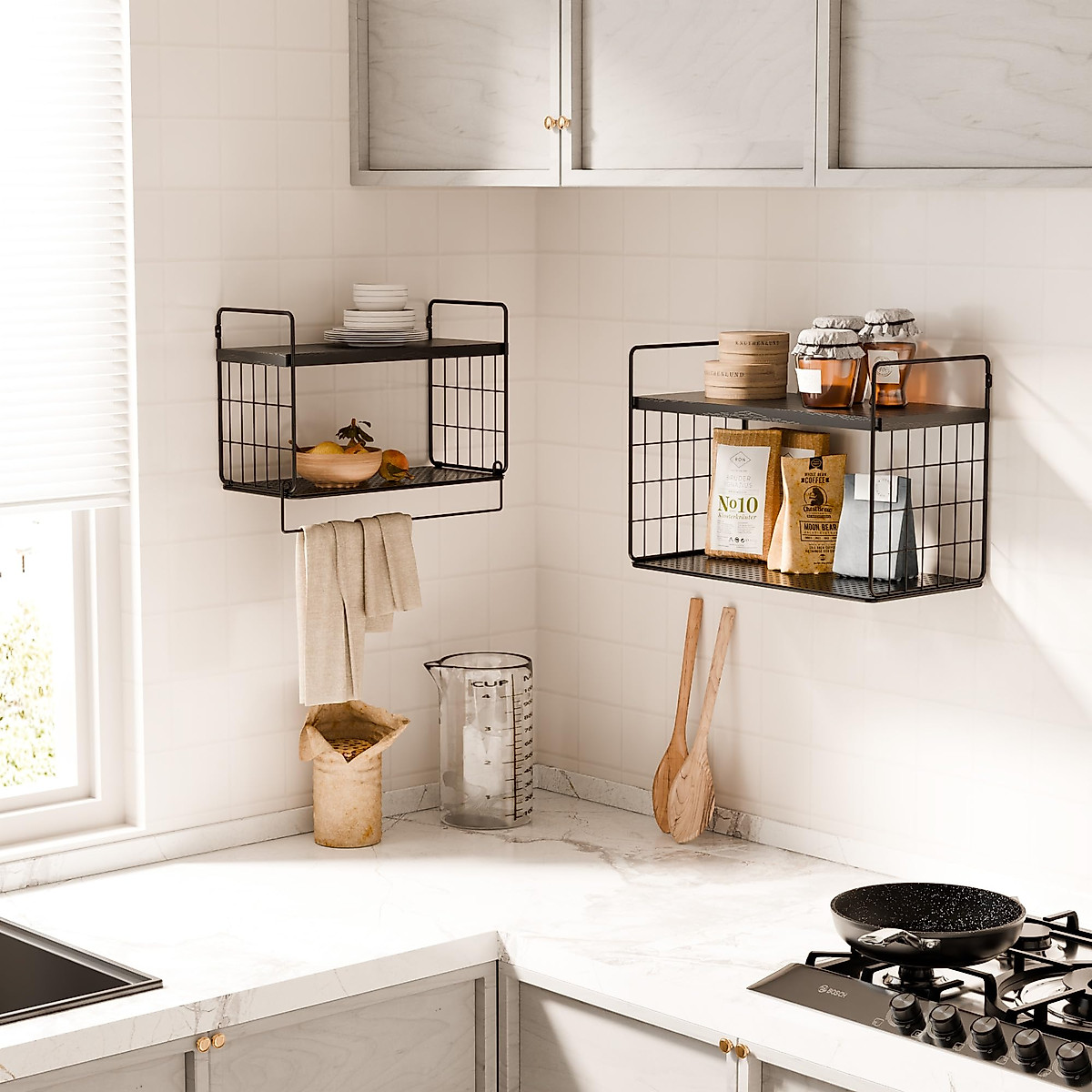 ENPKLUTE Bathroom Shelves Over Toilet Set of 2, Floating Bathroom Shelves Wall Mounted, Bathroom Shelf with Towel Bar & Toilet Paper Basket, Rustic Wall Shelves for Bathroom, Bedroom, Kitchen, Black