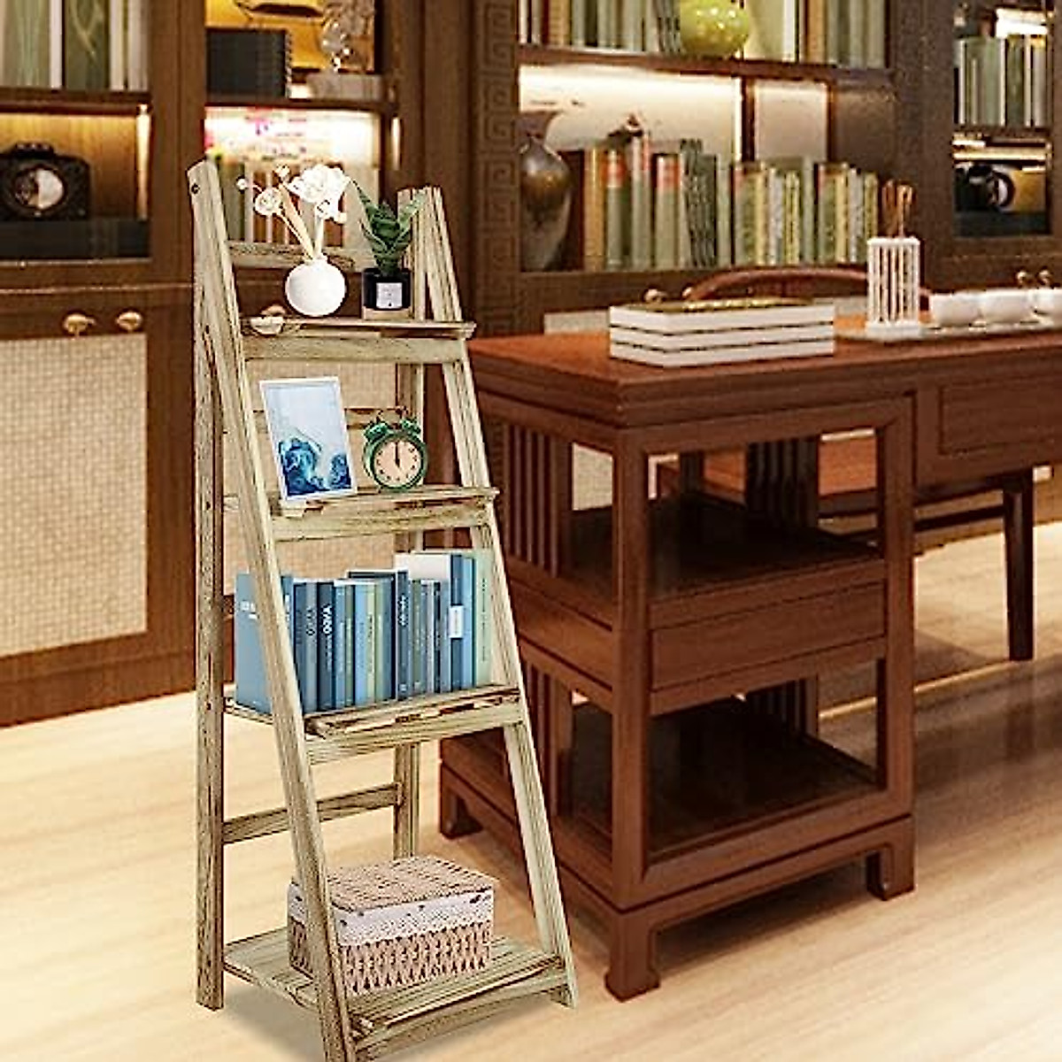 Babion Wood Ladder Shelf, 4-Tier Foldable Plant Shelf, Rustic Brown Indoor Plant Stand, Storage Rack Plant Stand for Home, Bedroom, Bathroom, Office, Industrial Style, Wooden Frame