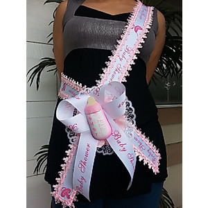 Welcome Baby Shower Mom To Be It's a Girl Sash Pink Bottle Ribbon and Corsage
